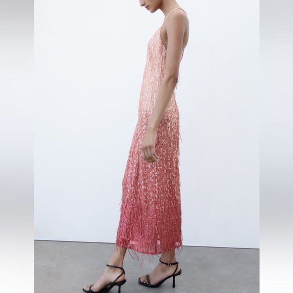 Zara | Dresses | Zara Fringe Sequin Slip Dress Ombr Pink Nwt | Poshmark